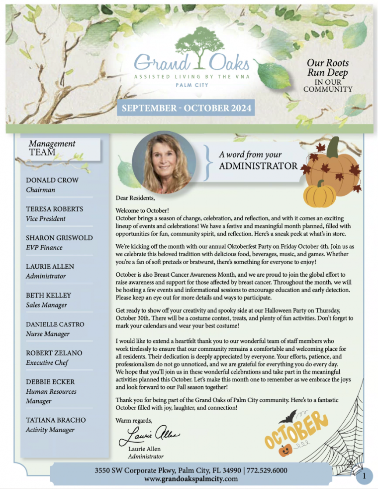 Newsletter | Grand Oaks of Palm City |Assisted Living & Memory Care