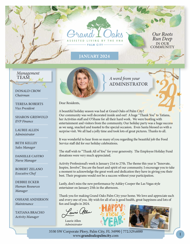 Newsletter | Grand Oaks of Palm City |Assisted Living & Memory Care